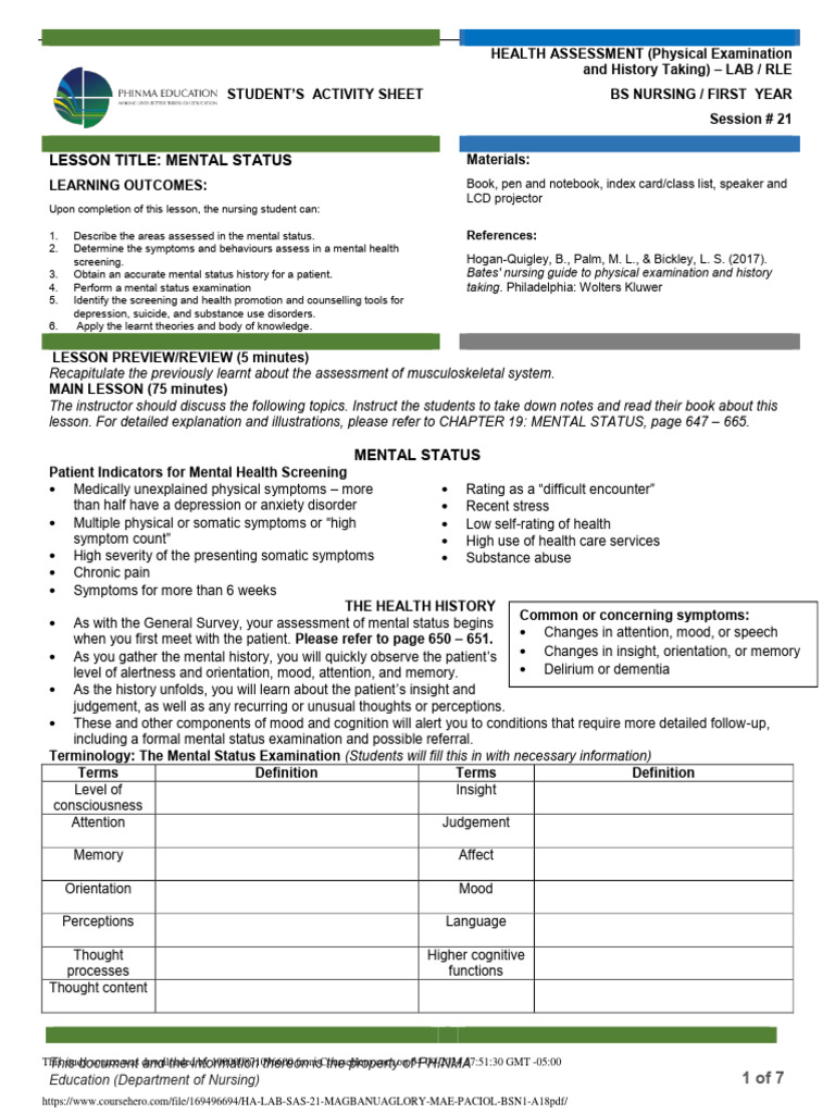 Ha Lab Sas 21 Magbanua Glory Mae Paciol BSN1 A18 PDF | PDF | Psychology ...