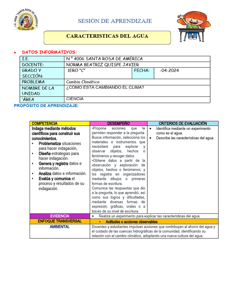 2 Sesiónciencia Caracteristicas Del Agua | PDF | Evaluación | Aprendizaje