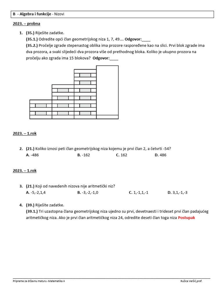 B - Algebra I Funkcije Nizovi I Limesi - 2023 Zadhsk | PDF