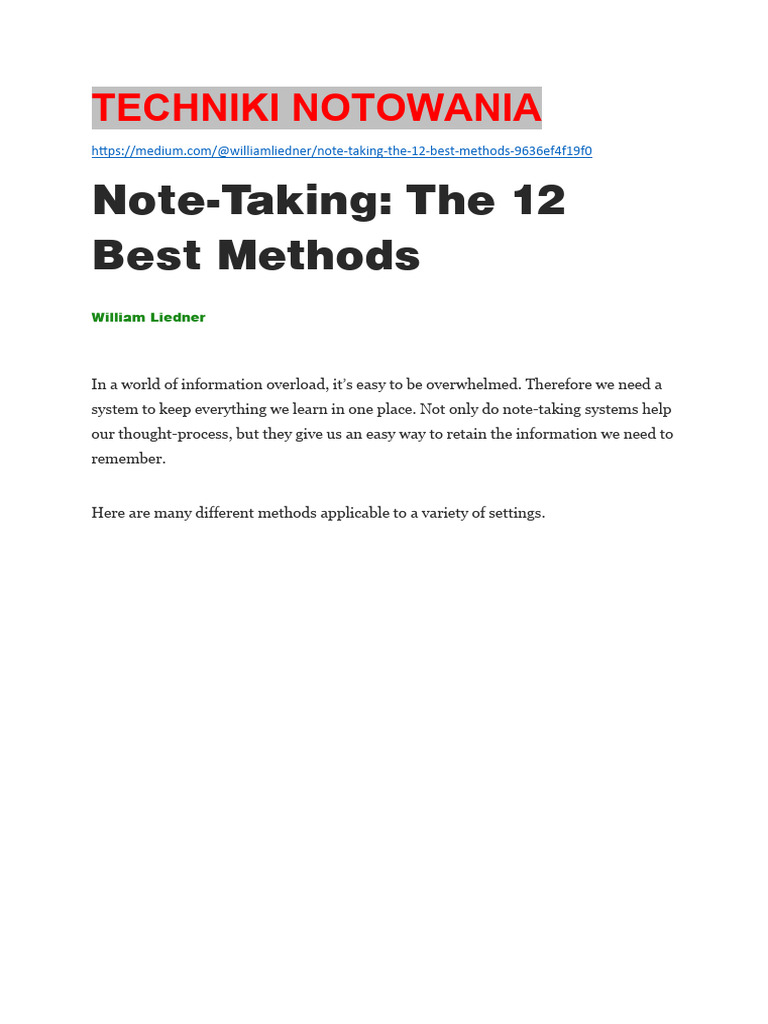 Wykład - 5 - 12 - BEST TAKING NOTES METHODS | PDF | Cognition