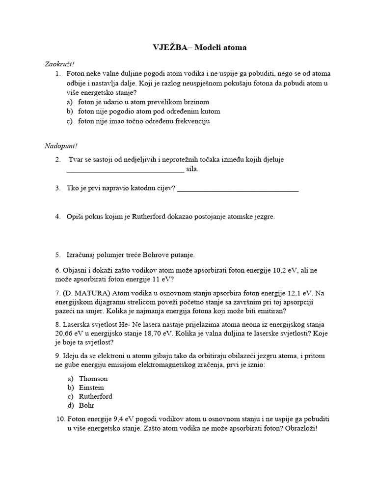Modeli Atoma - Vjezba | PDF