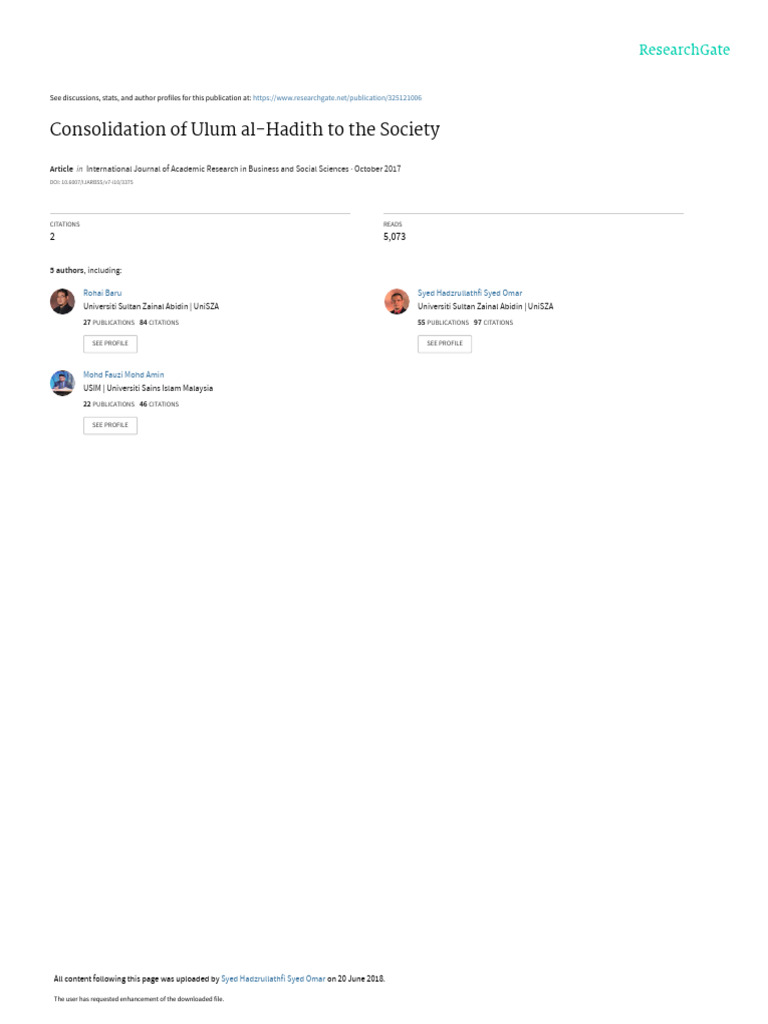 Consolidation of Ulum Al-Hadith To The Society | PDF | Hadith | Islamic Ethics