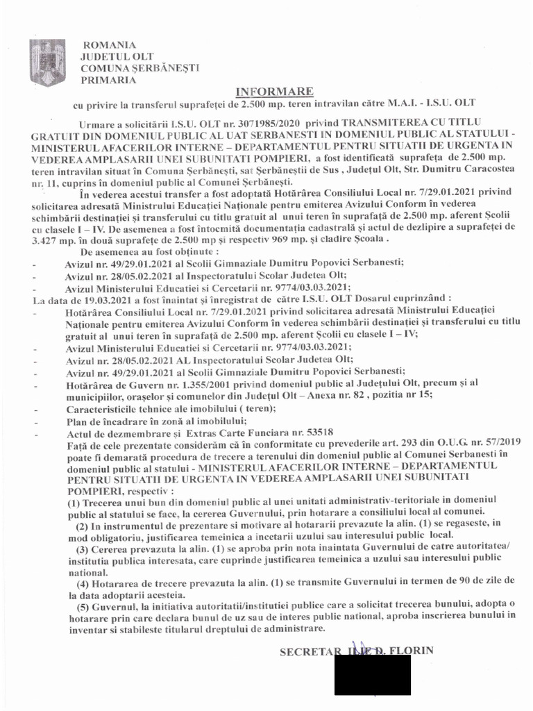 Informare Privind Transferul Suprafetei de 2500mp Teren Intravilan ...