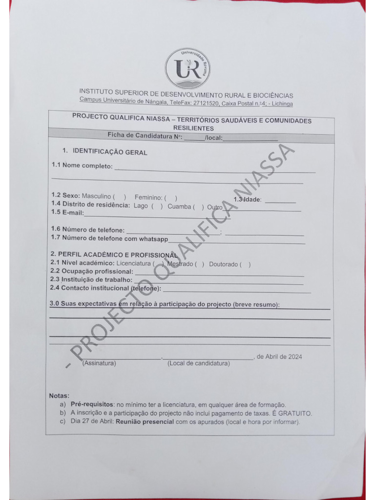 Ficha de Inscrição UniRovuma | PDF