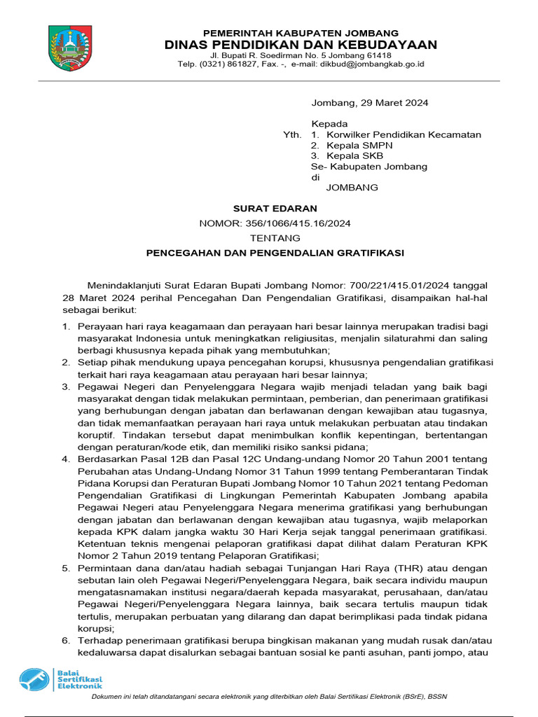 Surat Edaran - Gratifikasi | PDF