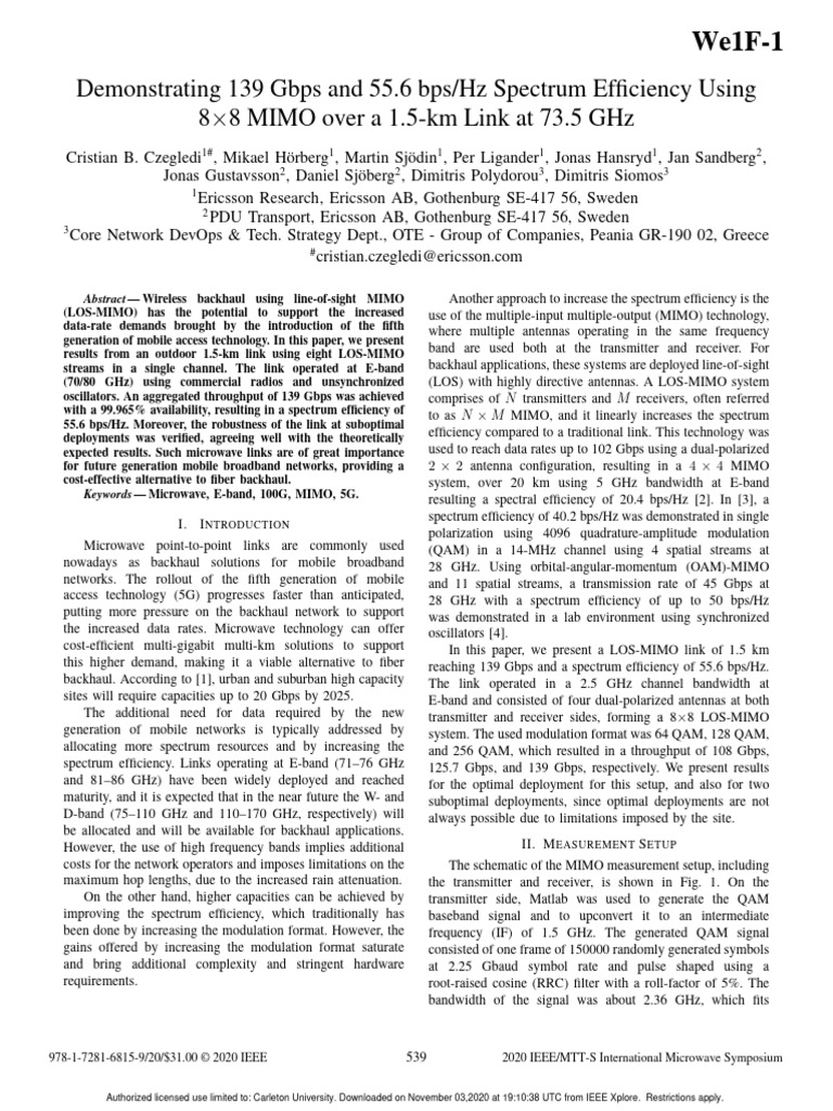 Demonstrating 139 Gbps and 55.6 bpsHz Spectrum Efficiency Using 88 MIMO ...