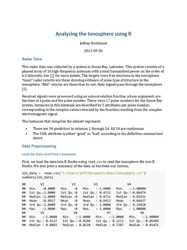 Analyzing The Ionosphere Using R Pdf Errors And Residuals