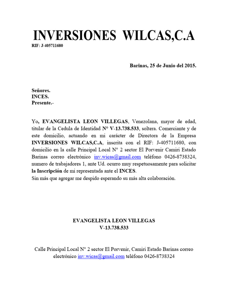 Carta de Solicitud Al Inces Barinas | Descargar gratis PDF | Documento ...