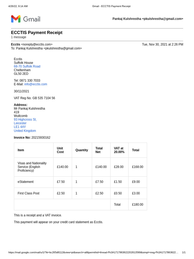 ECCTIS Payment Receipt | PDF
