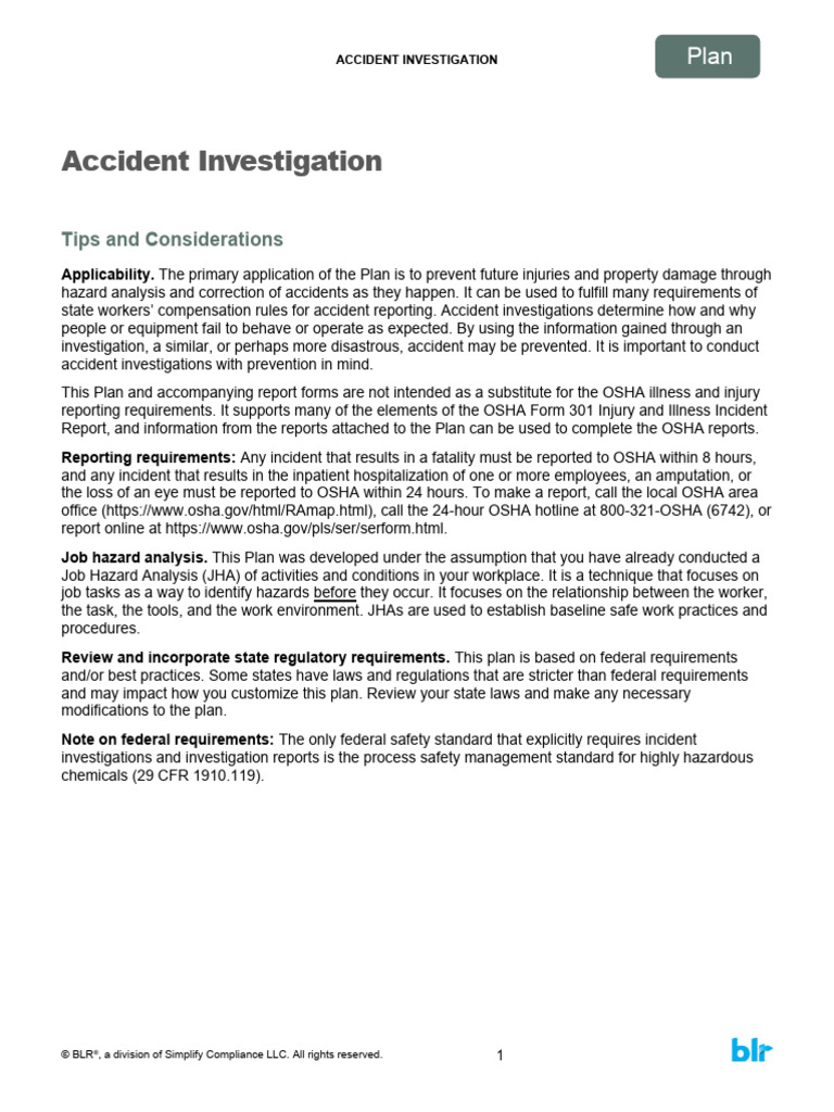 Accident Investigation and Reporting Plan | PDF | Occupational Safety ...