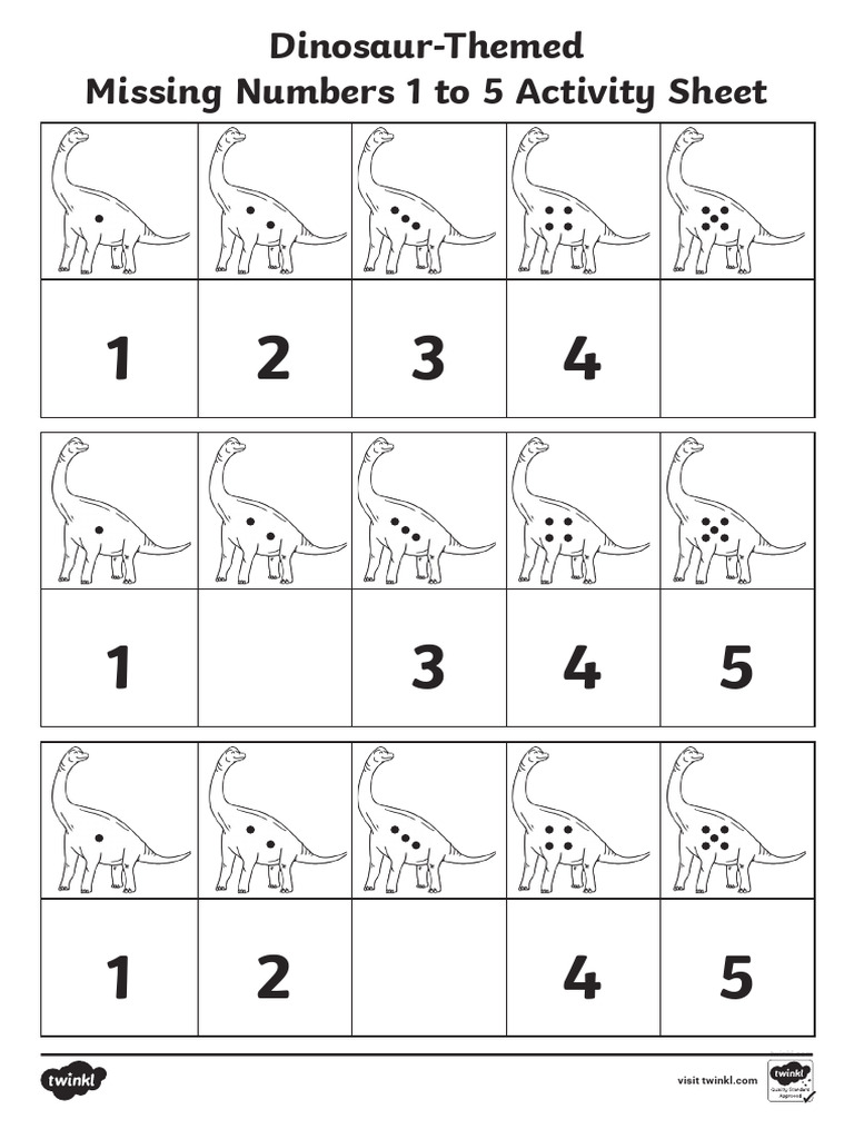 t m 32615 Dinosaur Themed Missing Numbers 1 to 5 Activity Sheet Ver 5 | PDF