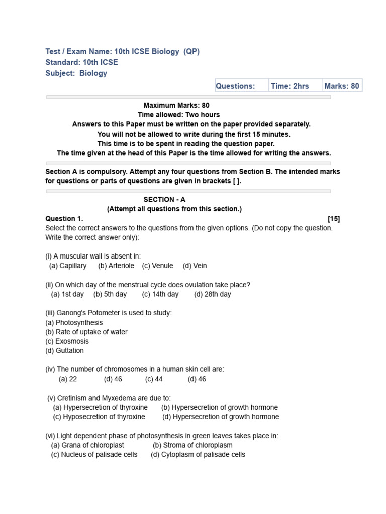 10th ICSE Biology (QP) 2023 | PDF | Chloroplast | Anatomy