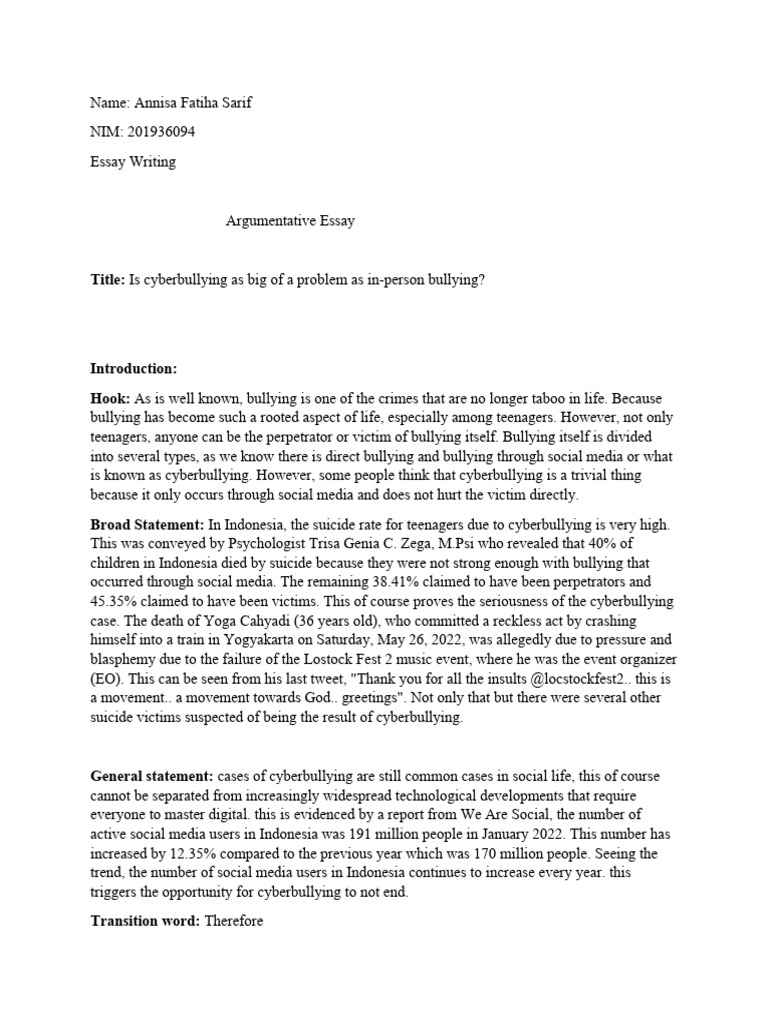 Outline Argumentative Essay | PDF | Cyberbullying | Bullying