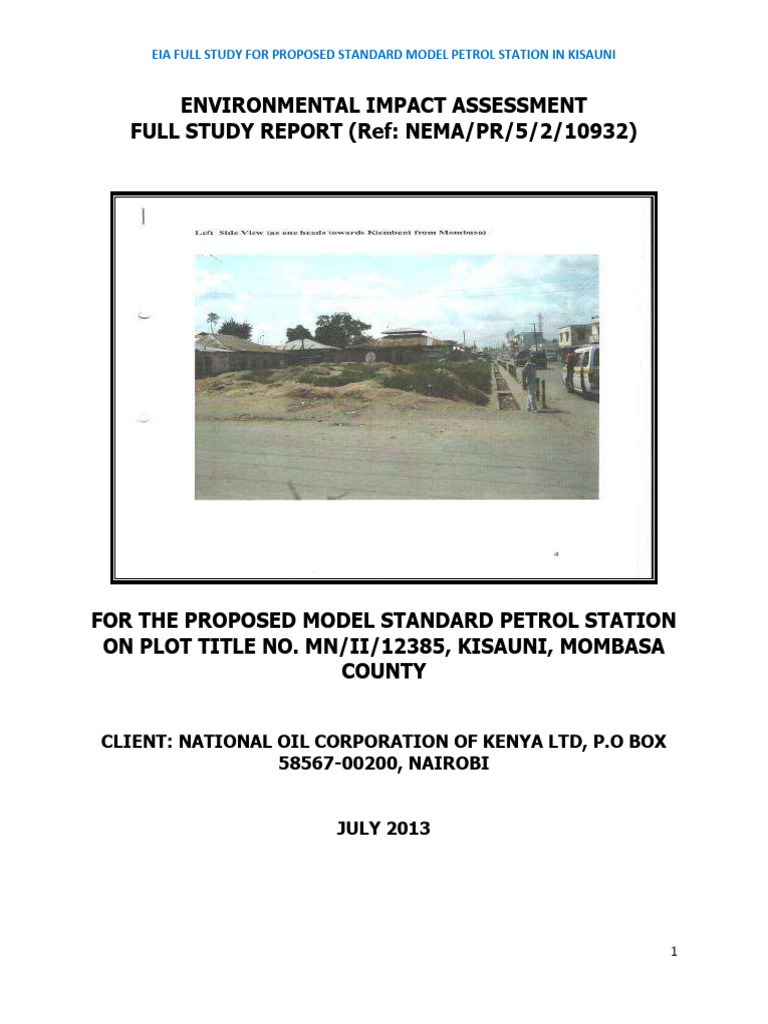 EIA 1006 Study Report Kisauni Nock Petrol Station | PDF | Environmental ...