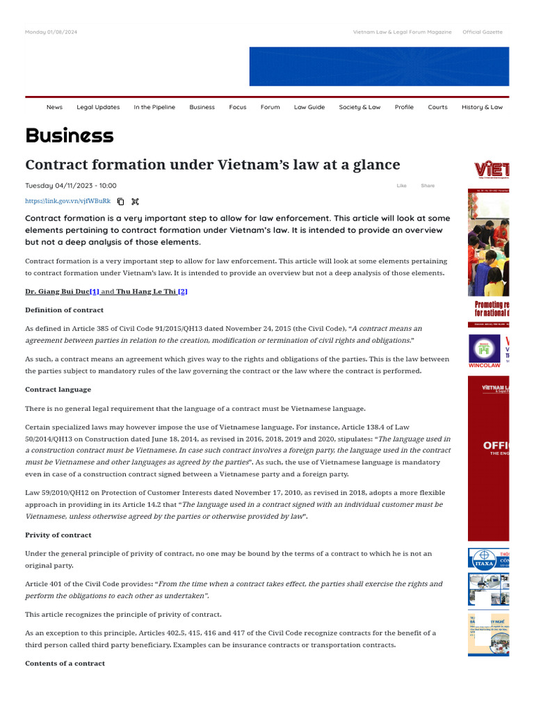 Contract Formation Under Vietnam S Law At A Glance Pdf Employment