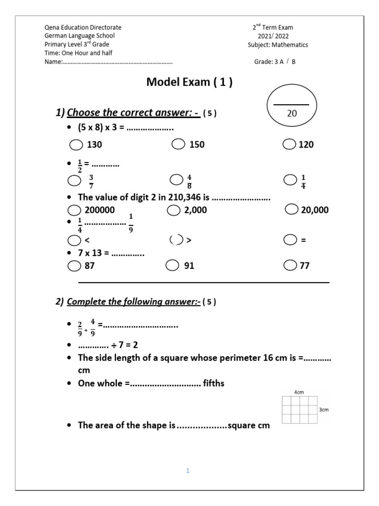 2022 Math Models Grade 3 second term en | PDF | Area | Numbers