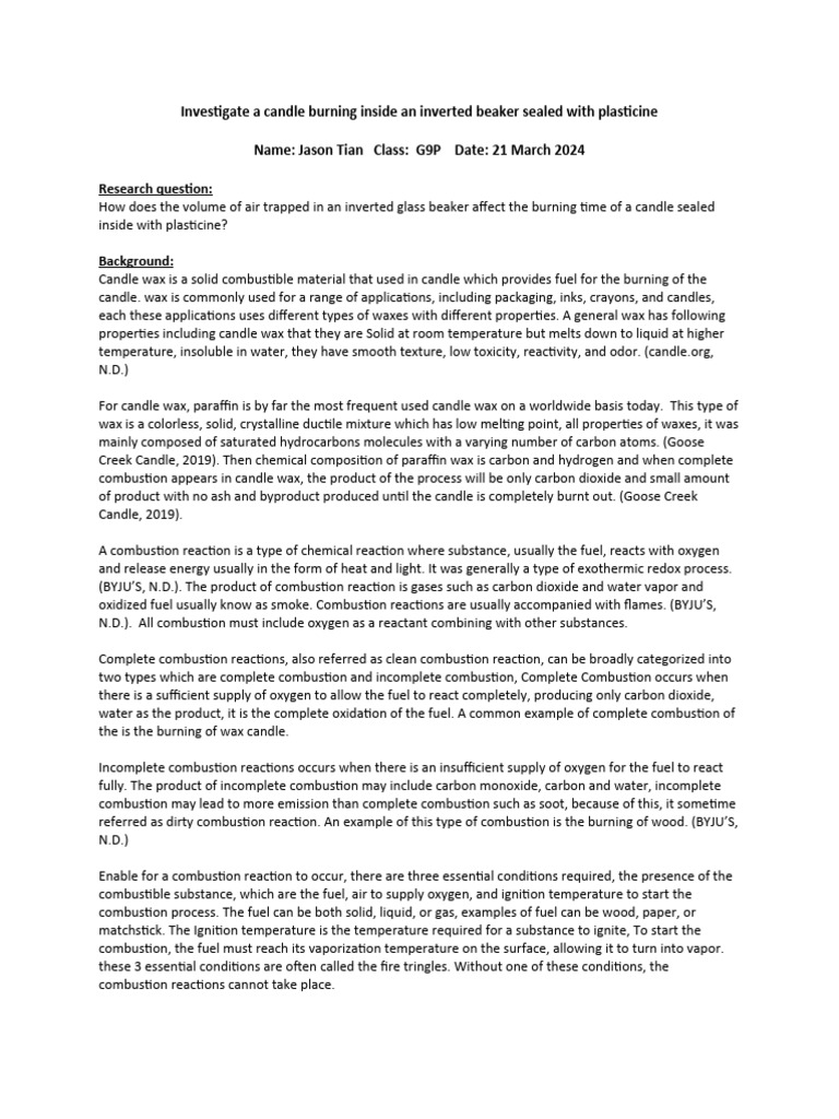 Chemistry BC Investigate A Candle Burning Inside An Inverted Beaker ...