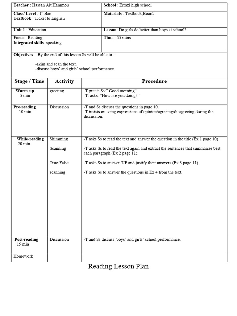 Lesson Plan-Reading Do Girls Do Better Than Boys at School | PDF ...