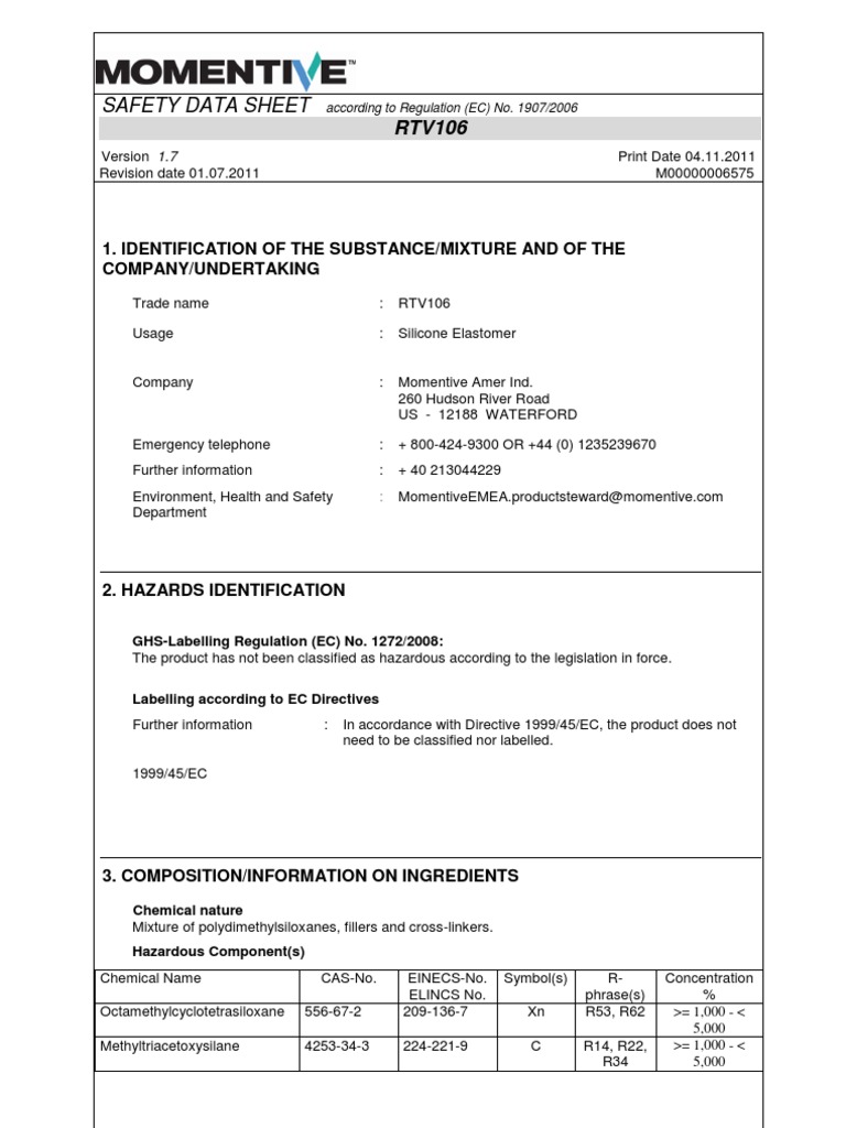 MSDS RTV 106 3TG | PDF | Personal Protective Equipment | Prevention