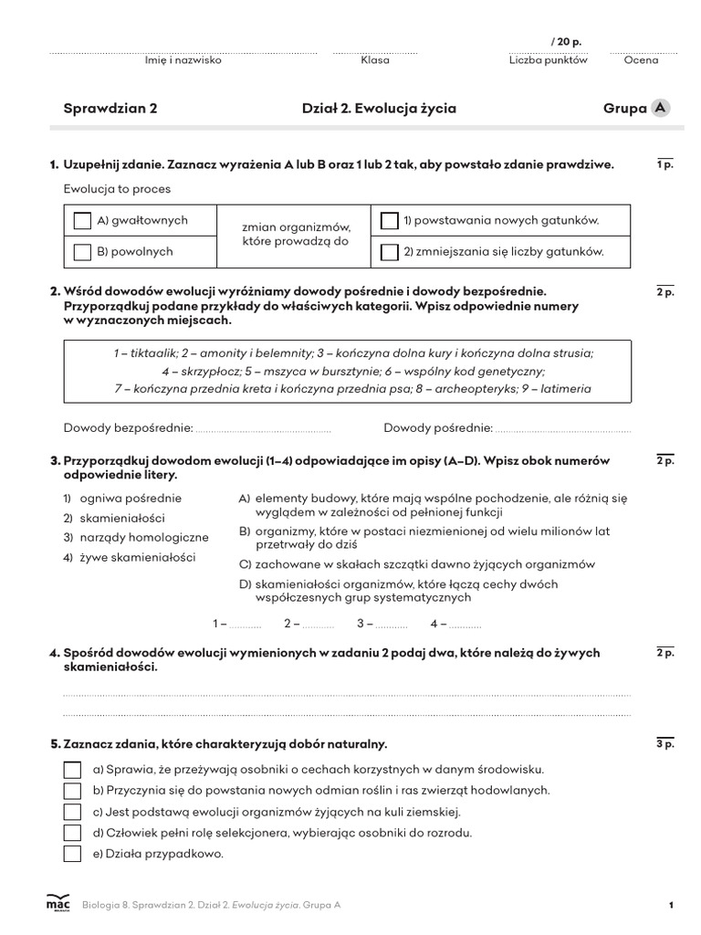 SPR 02 Sprawdzian Dzial 2 KL 8 Biologia | PDF
