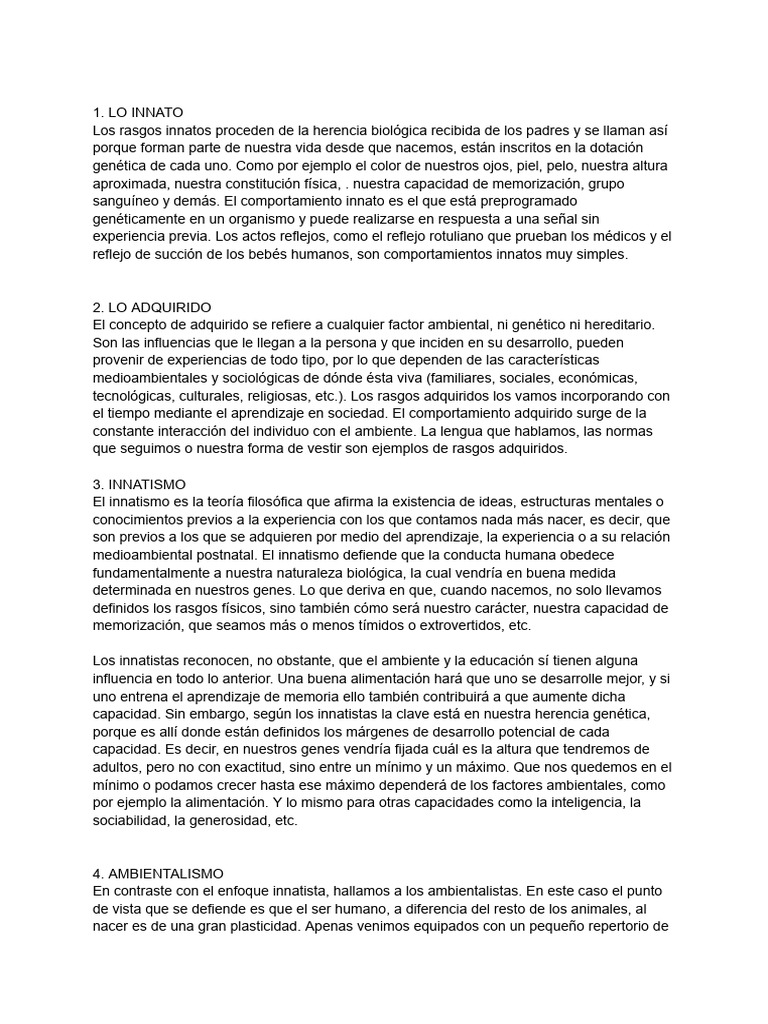 Lo Innato y Lo Adquirido | PDF | Ciencias del comportamiento | Sicología