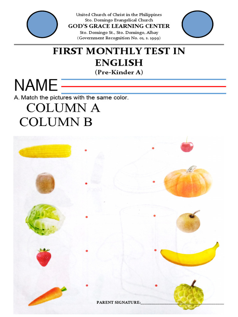 Pre-Kinder A Monthly Test Papers | PDF | Philippines