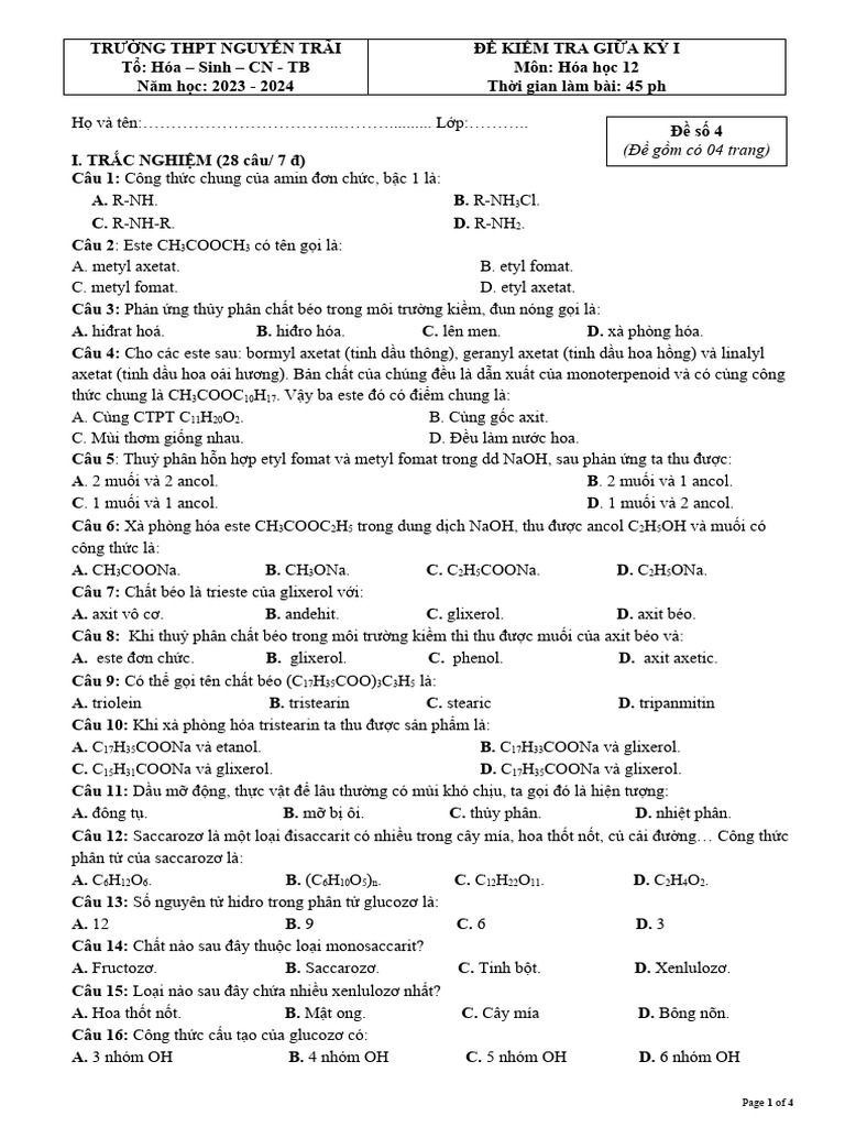 Đề 4 - KTGK I lop 12 - 2022 | PDF