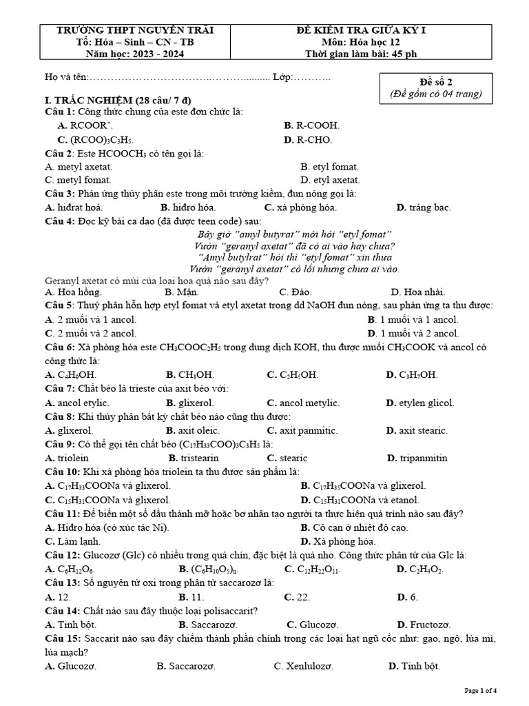 Đề 2 - KTGK I lop 12 - 2022 | PDF