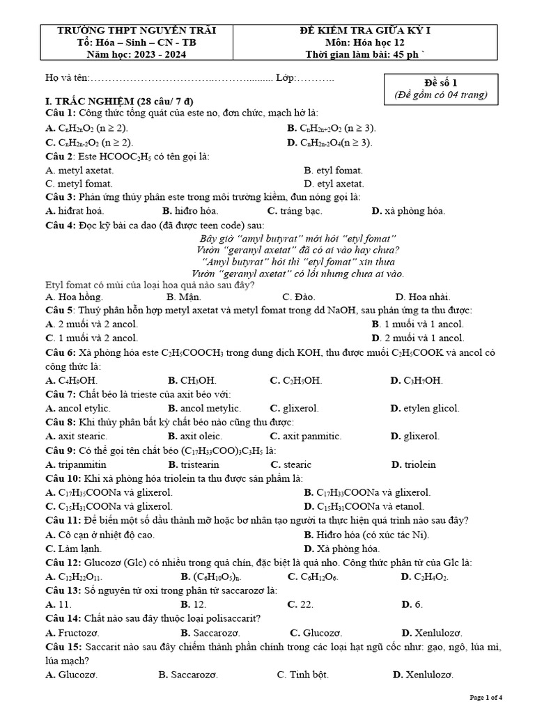 Đề 1 - KTGK I lop 12 - 2022 | PDF