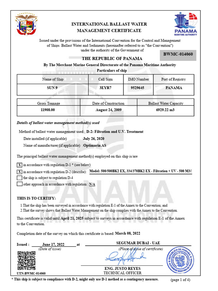 International Ballast Water Management Certificate (IBWMC) | PDF