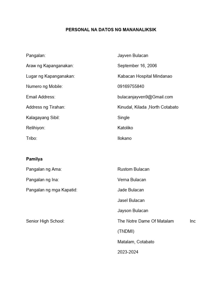 Personal Na Datos NG Mananaliksik | PDF