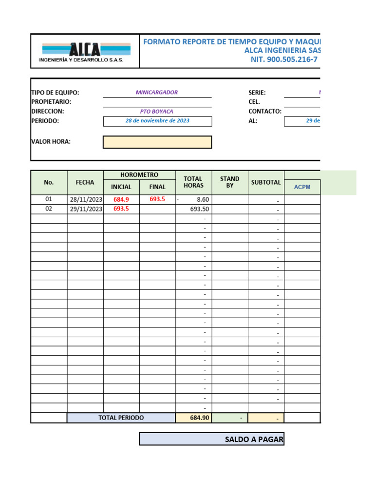 FORMATO TIEMPO MAQUINARIA. | PDF