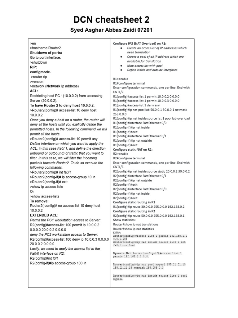 DCN cheatsheet 2 | PDF | Router (Computing) | Ip Address