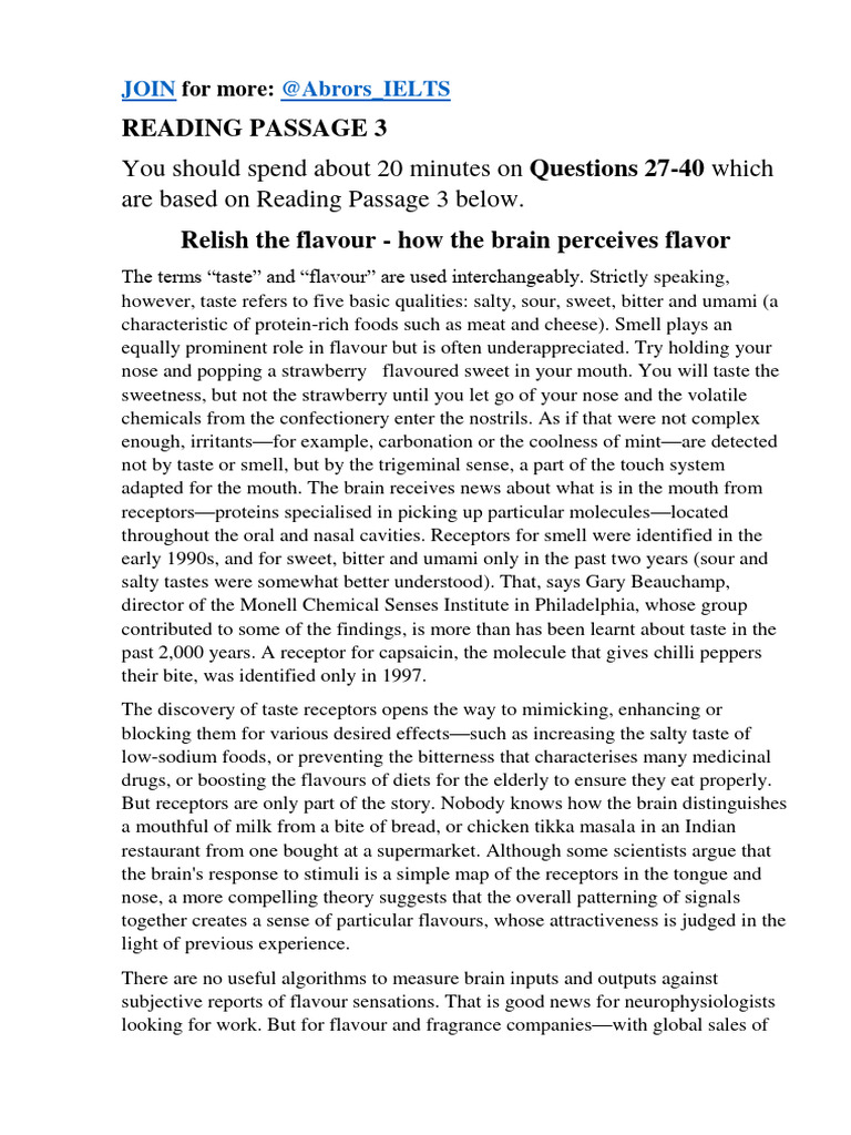 07.03.2024 Real Exam Passage | PDF | Taste | Senses