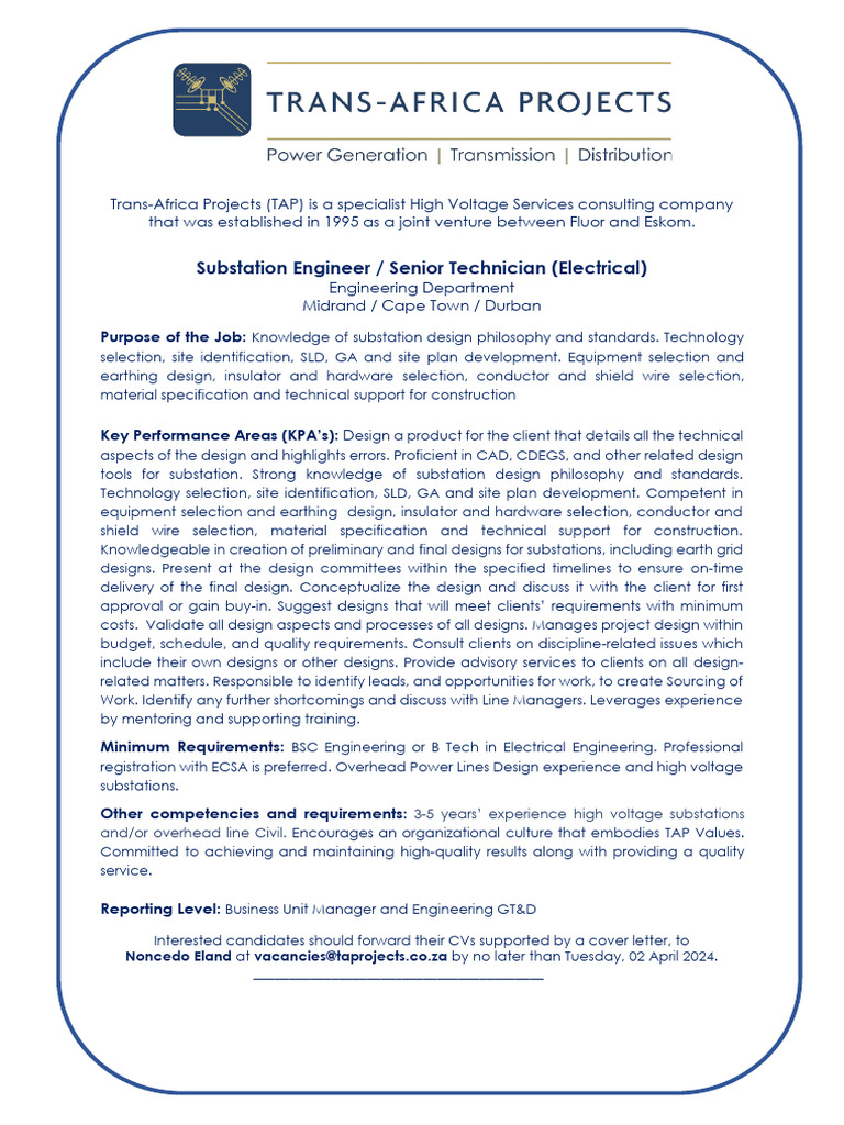 2024 Advert Substation Engineer - Senior Technician (Electrical) | PDF ...