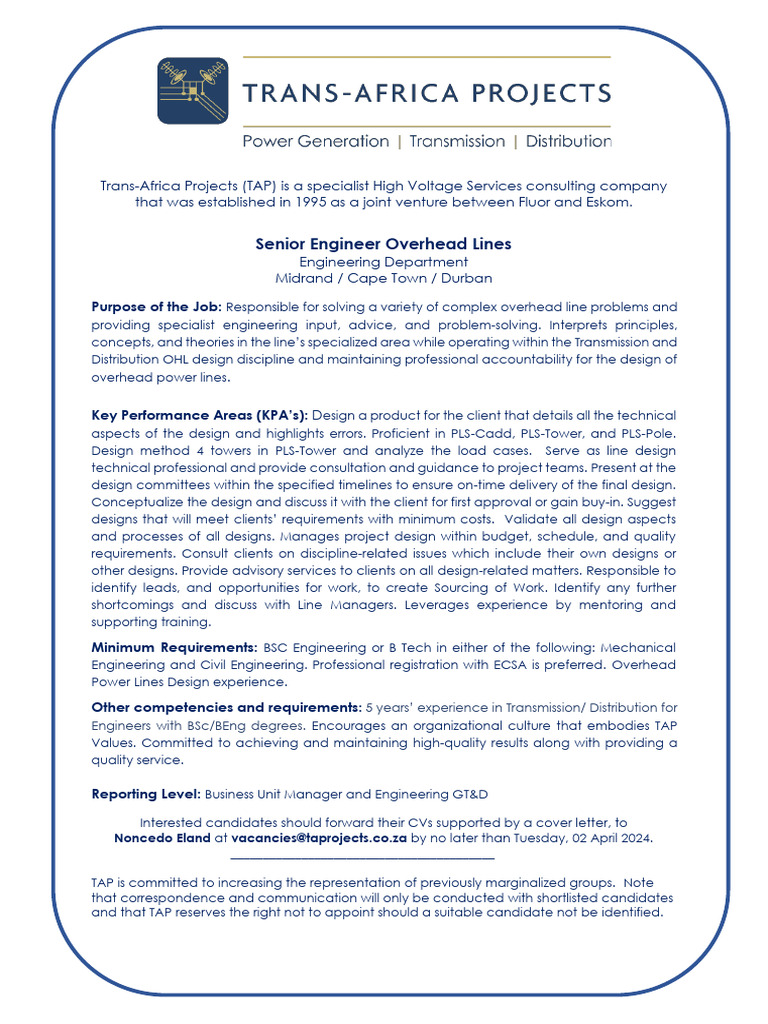 2024 - Advert - Senior Engineer Overhead Lines | PDF | Engineering | Design