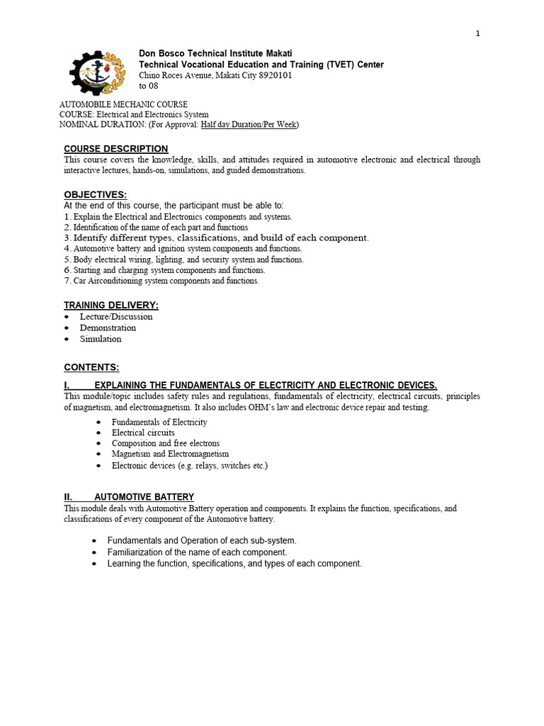 Electrical and Electronics Systems Course Outline | PDF | Electricity | Electrical Engineering