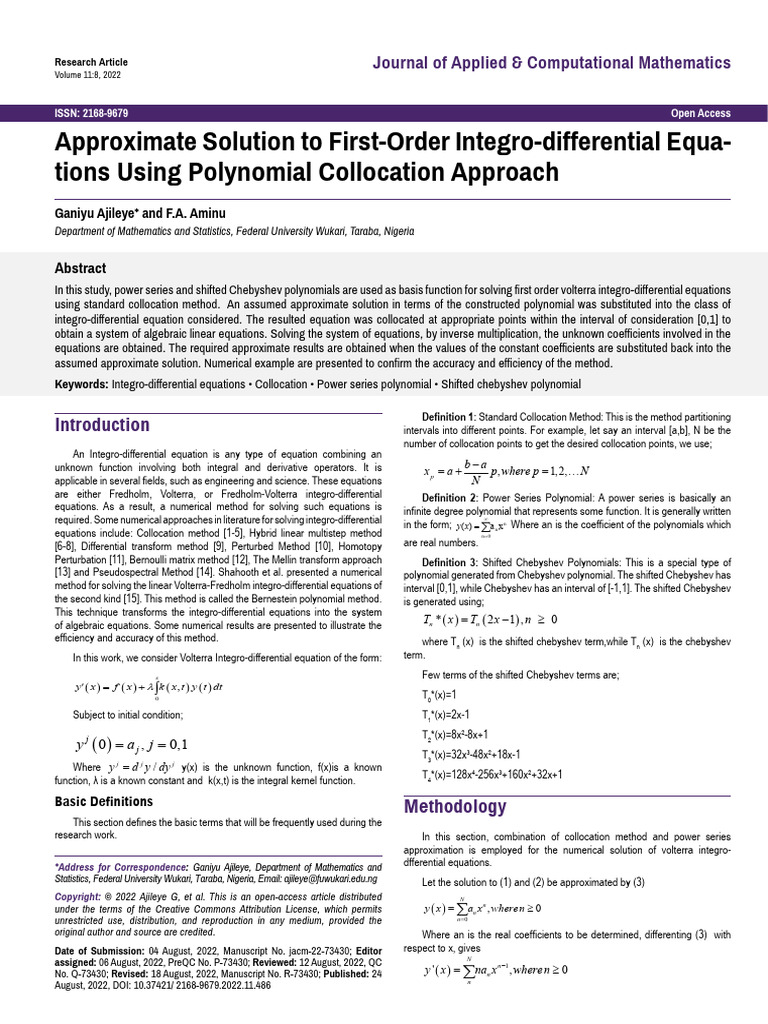 Approximate Solution To Firstorder Integrodifferential Equations Using Polynomial Collocation