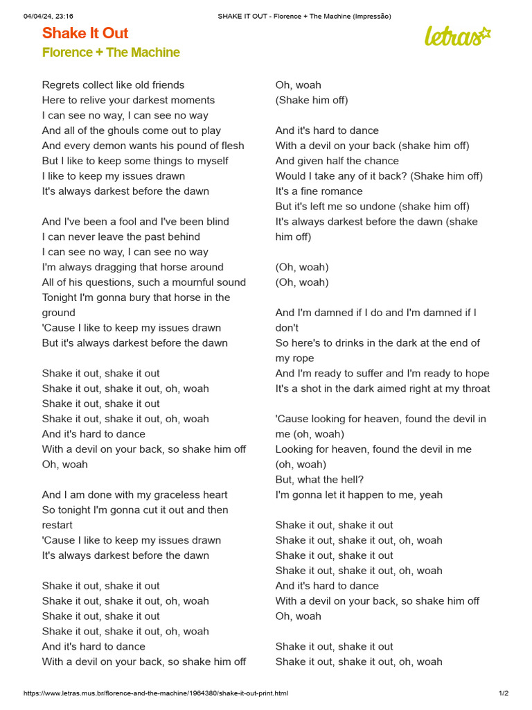 SHAKE IT OUT - Florence + The Machine (Impressão) | PDF | British Songs ...