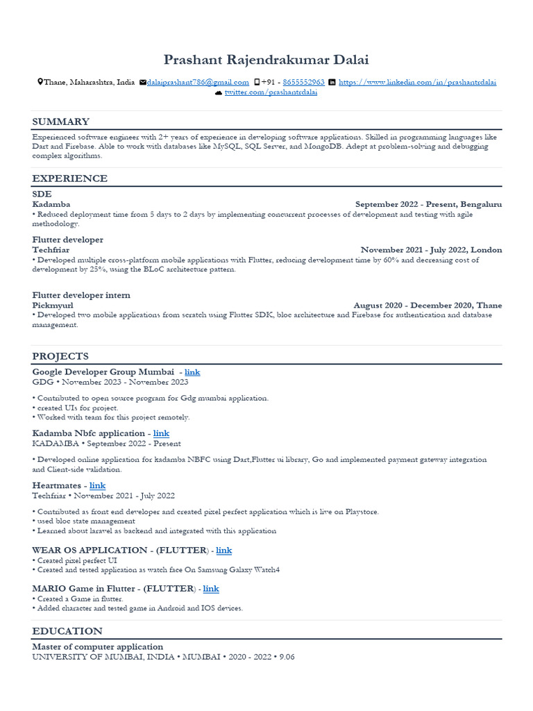 Prashant's Resume - Flutter Developer-2 | PDF | Mobile App | Software Engineering