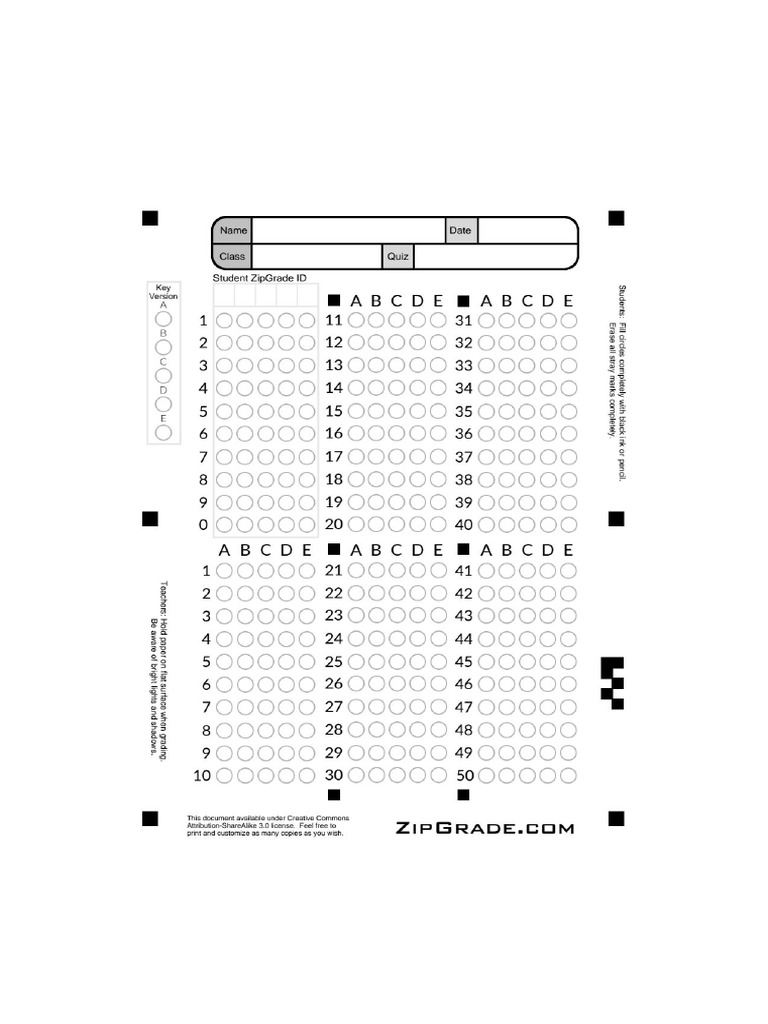 Zip Grade 50 Question V2 | PDF