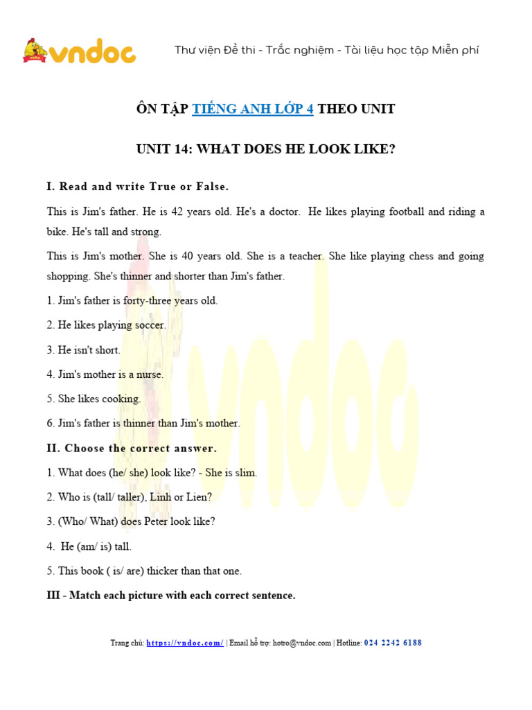 Bai Tap Ngu Phap Tieng Anh Lop 4 Unit 14 What Does He Look Like | PDF