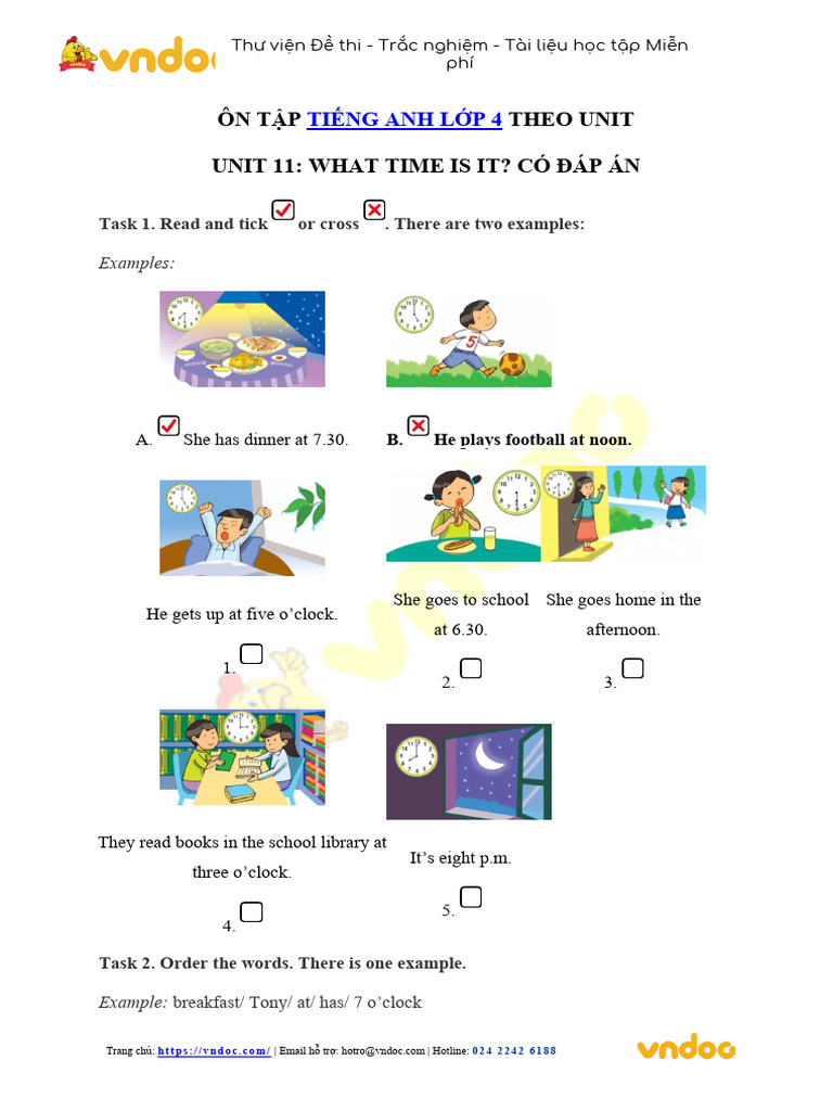 Bai Tap Tieng Anh Lop 4 Unit 11 What Time Is It | PDF