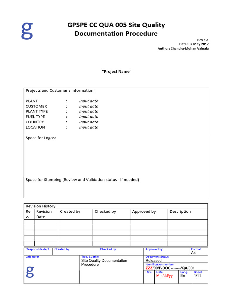15.4 GPSPE CC QUA 005 Template Site Quality Documentation Procedure ...