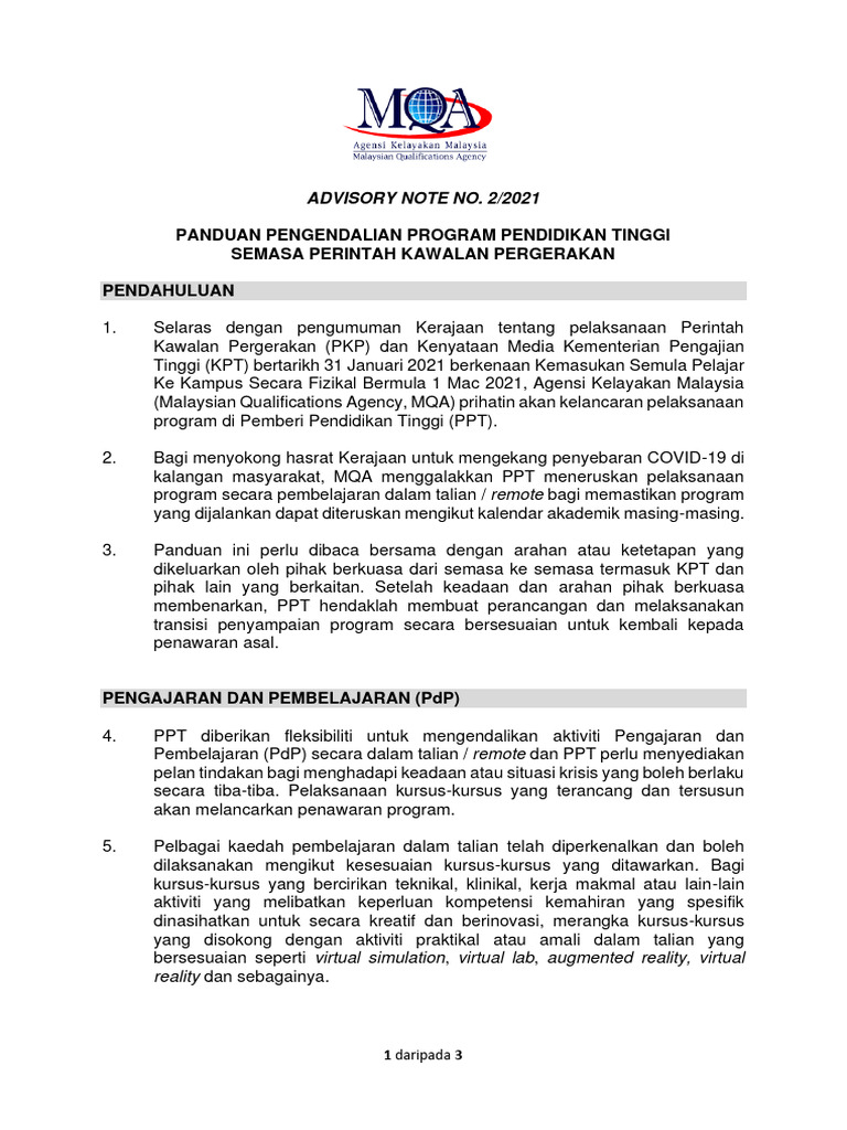 Advisory Note Panduan Pengendalian Program PKP2.0 - 8.2.2021 | PDF