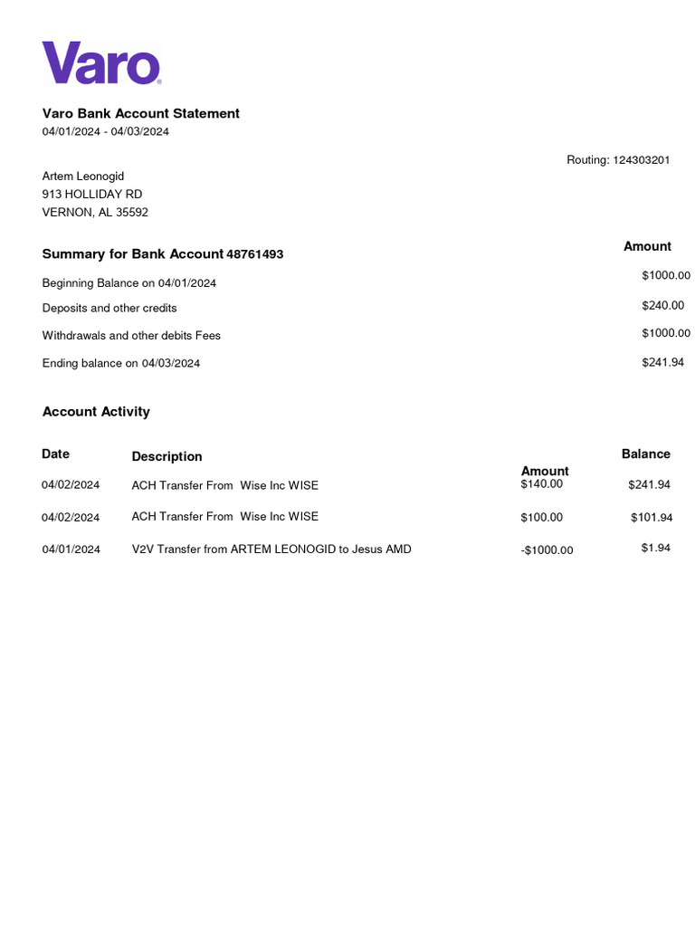 Varo Statement | PDF | Banks | Debits And Credits