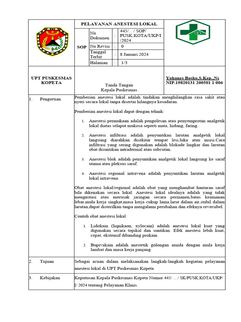 Sop Pelayanan Anestesi Kopeta | PDF