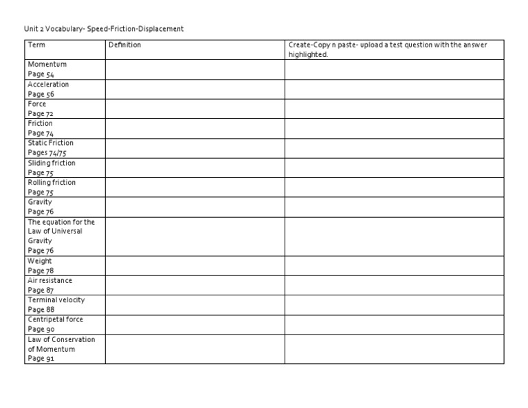 Unit 2 Vocabulary: Speed & Friction | PDF
