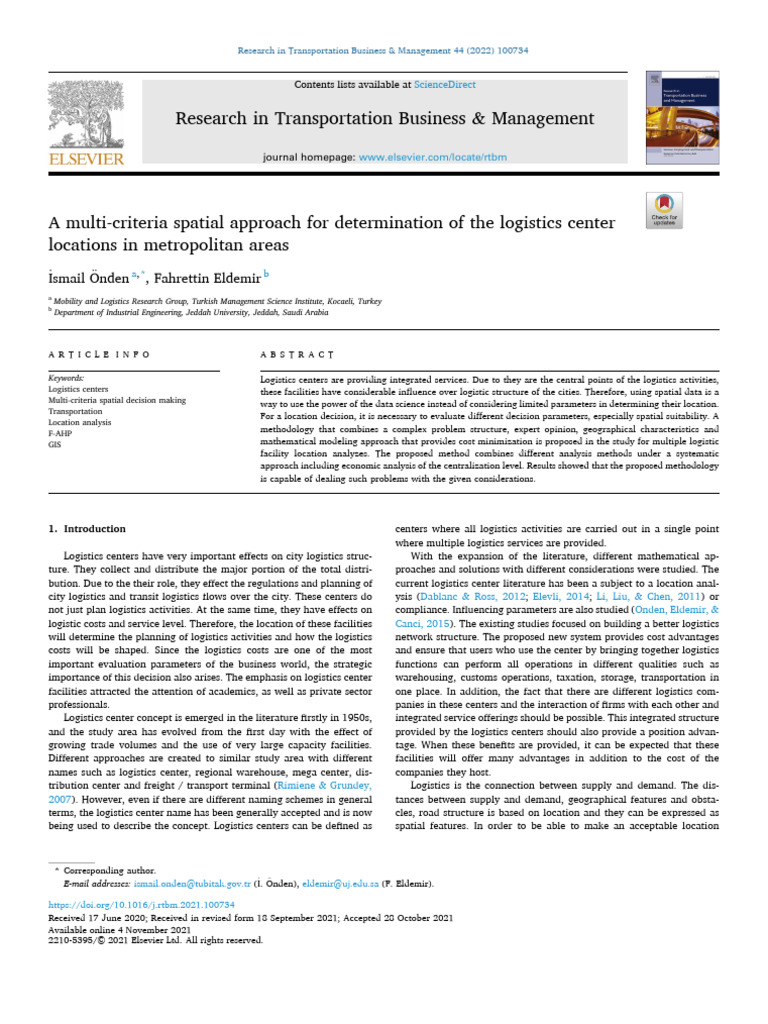 A Multi Criteria Spatial Approach for Determination of the Logistics ...