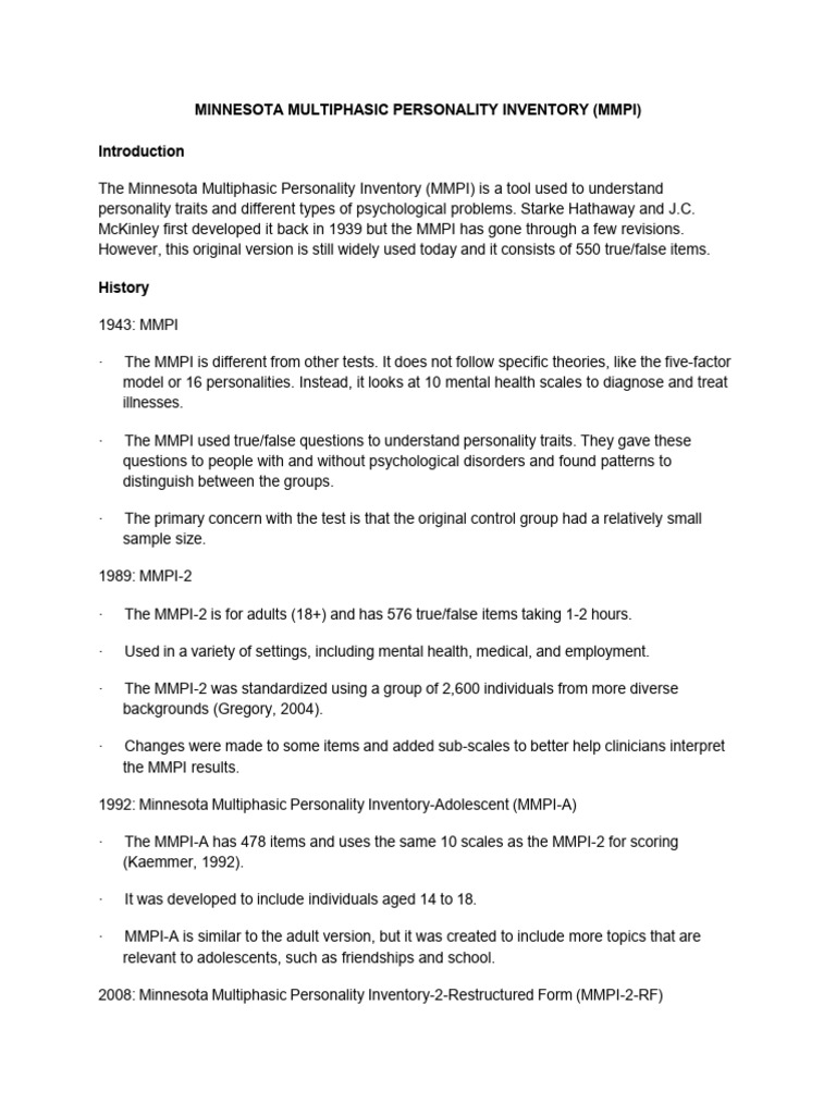 MMPI Handout | PDF | Psychological Evaluation | Psychological Concepts
